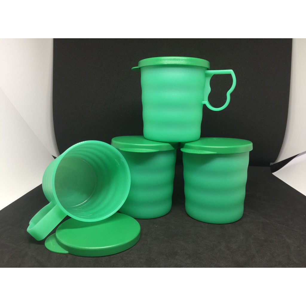 Set 4 Biji Mug/Cawan Pastic Tupperware Bertudung/withLid Warna Hijau ...