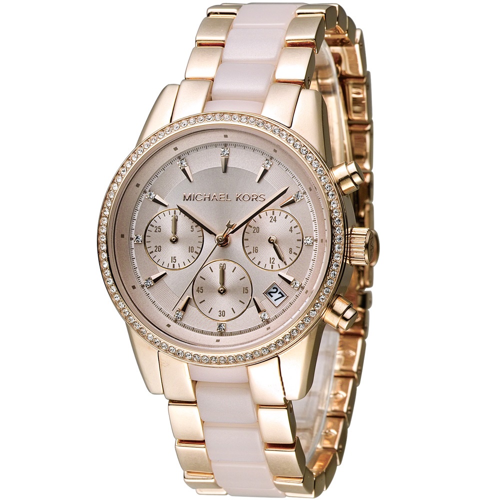 Michael Kors Women's Ritz Chrono Rose Gold Pink Acetate Watch MK6307 ...