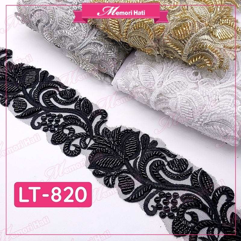 0.5m & 1m LT-820 Embroidery Beads Border Lace Meter Renda Sulaman Manik ...