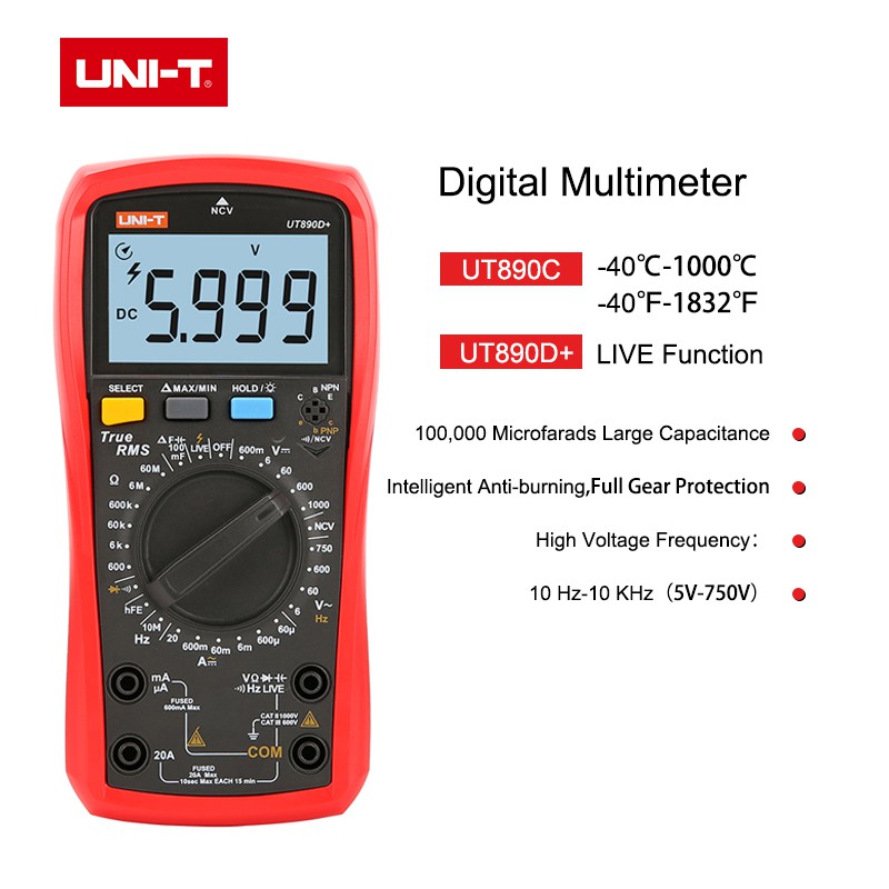 UNI-T UNI T Digital Multimeter True RMS UT890C UT890D+ Manual Range AC DC Frequency Capacitance ...