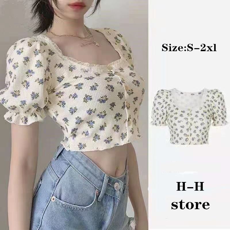 Women's Sweet and cute square neck puff sleeve floral crop top【37 ...