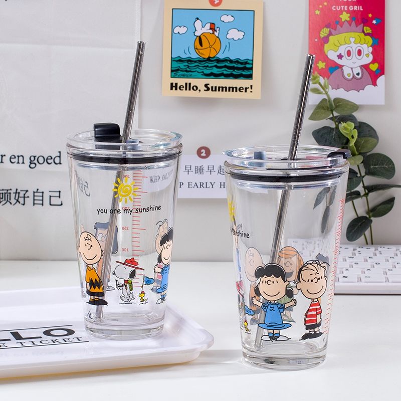 Snoopy Glasses Water Bottle With Straw Leakproof Portable Cartoon ...