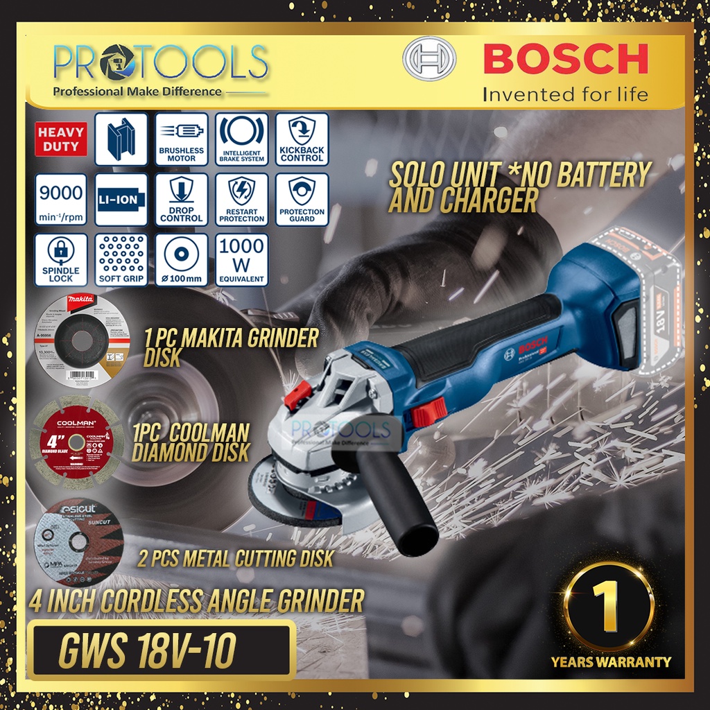 Bosch GWS 18V-10 ec motor (SOLO) Cordless Angle Grinder / SET (PACKAGE ...