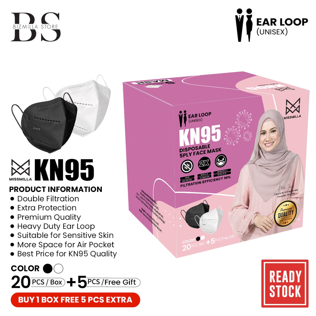 KN95 Ear Loop Face Mask 5 Ply - Black + White (25 Pcs) | Shopee Malaysia