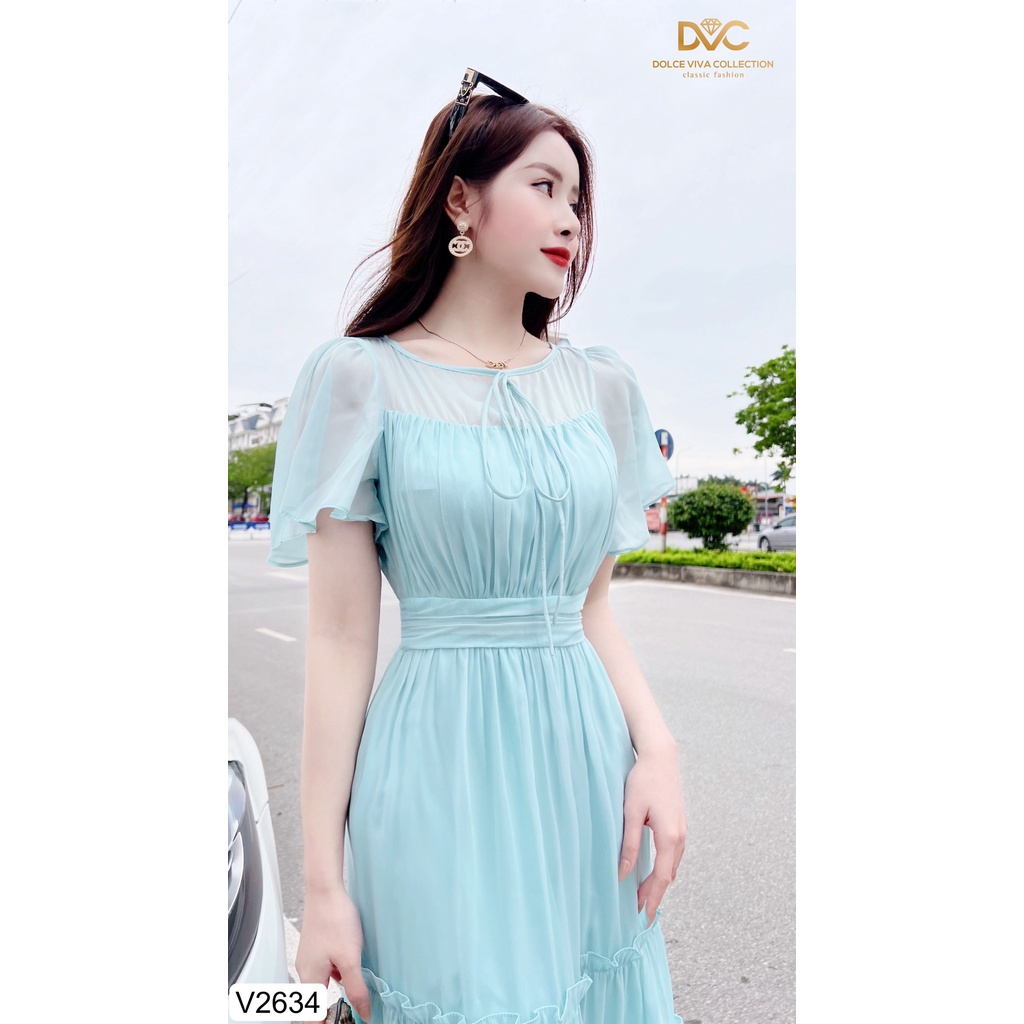 Green Chiffon Dress with Ruffled Sleeves V2634 - Beautiful Shop DVC ...