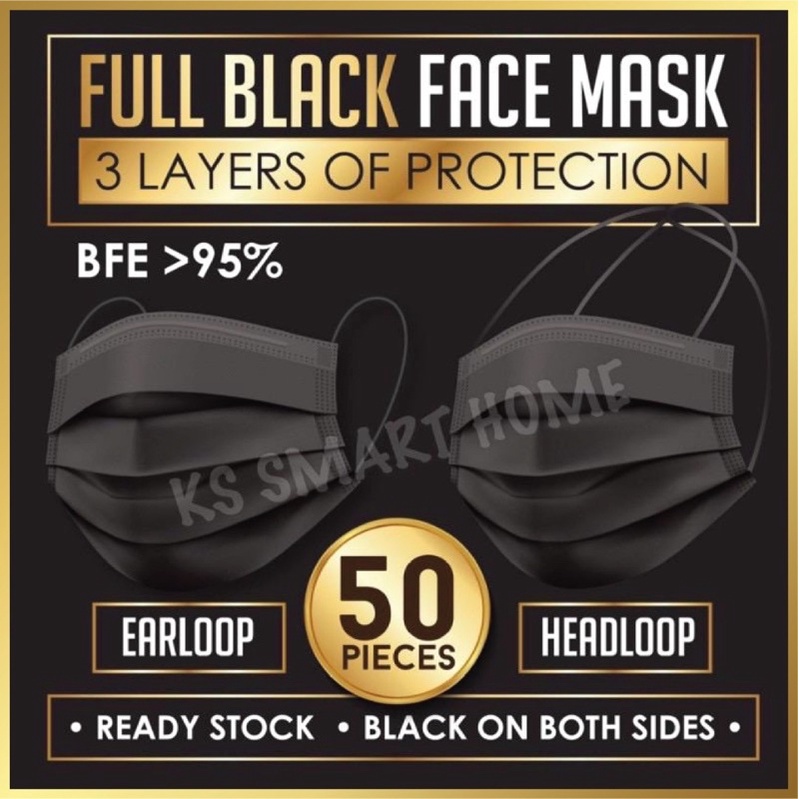 50pcs Adult & Kid Full Black Disposable 3ply Earloop & HeadLoop Face ...