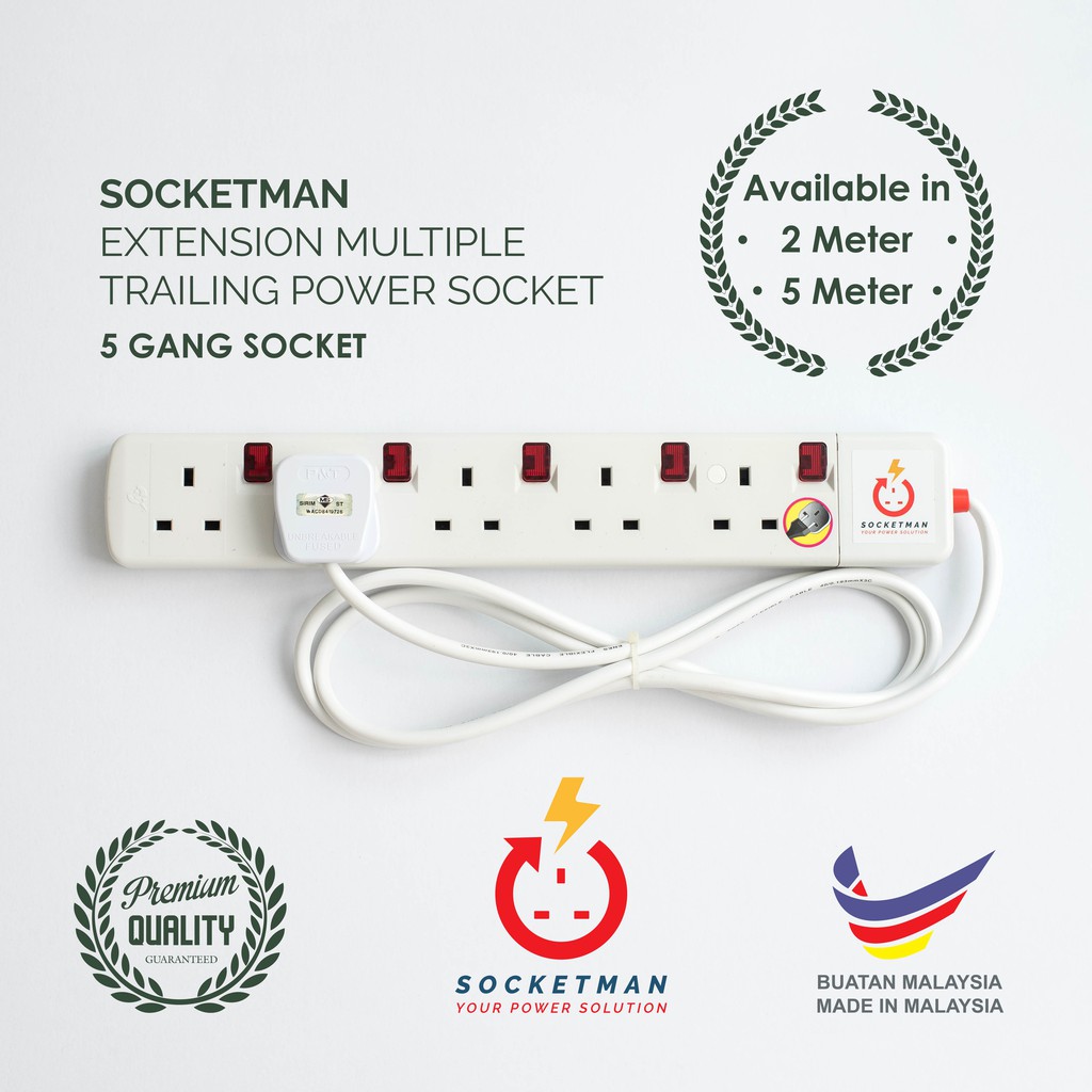 SocketMan 5 Gang/Way Extension Multiple Trailing Power Socket with 2/5 Meter Cable Cord on SIRIM ...
