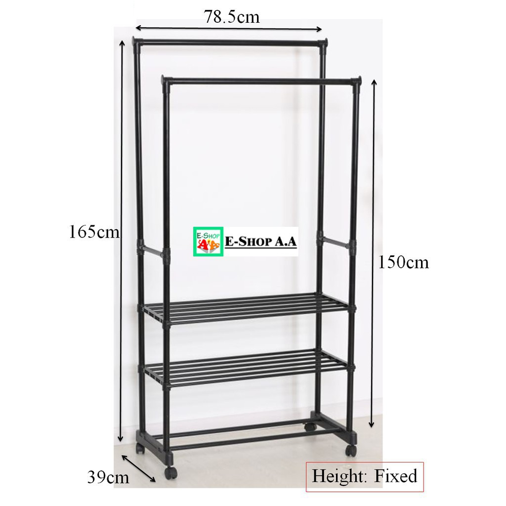 Heavy Duty Double Pole Garment Rack with Shelf / Rak Baju Kain Pakaian ...