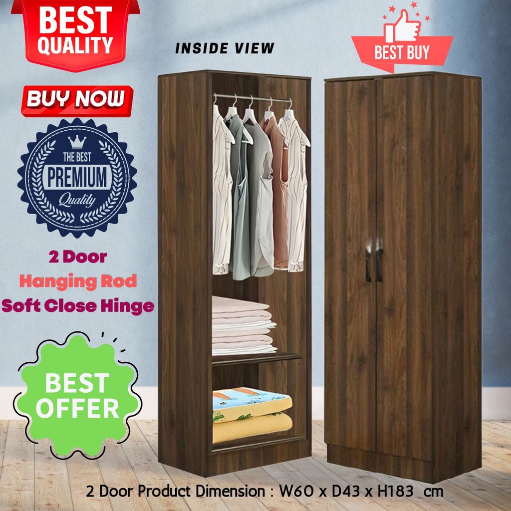 Wooden Wardrobe 2 Door Rak Baju Kayu 2 Pintu Almari Baju Cupboard ...