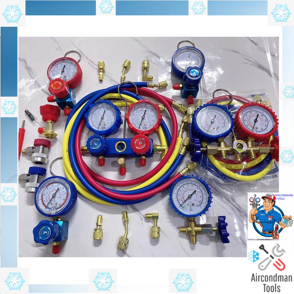 Manifold Gauge gas meter aircond with 3pcs Charging Hose Set R410a R32 R22 R134A R600 Air Cond ...