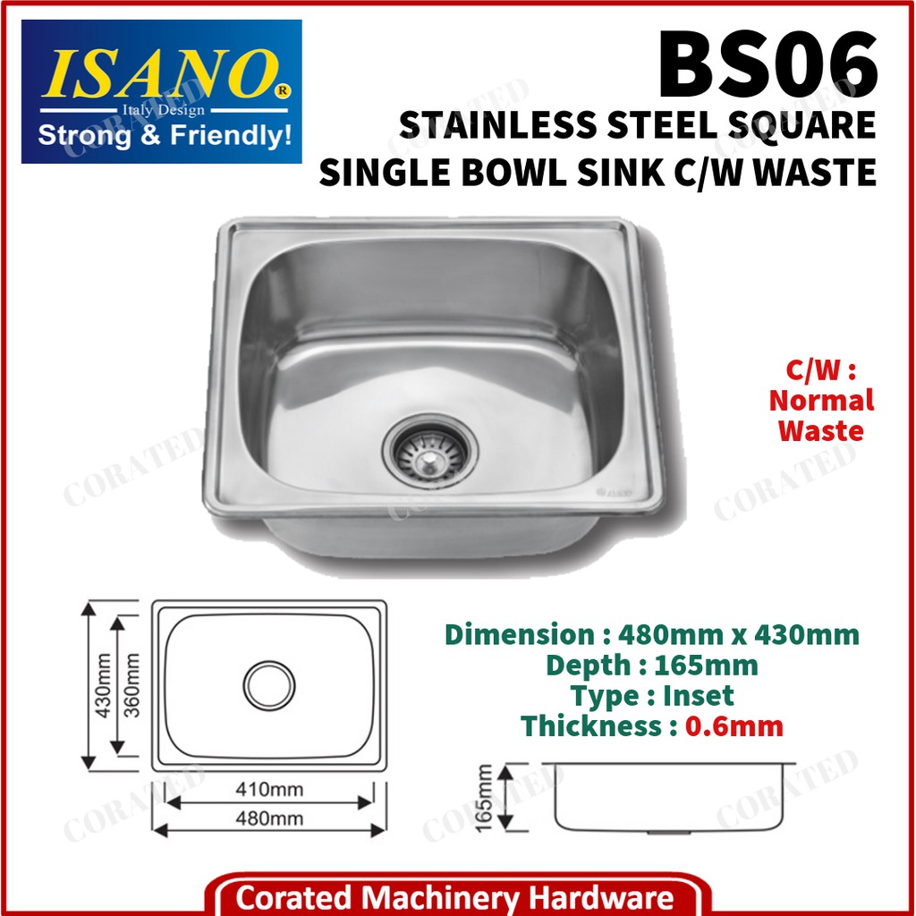 [CORATED] ISANO Stainless Steel Square Single Bowl Sink C/W Waste BS06 ...