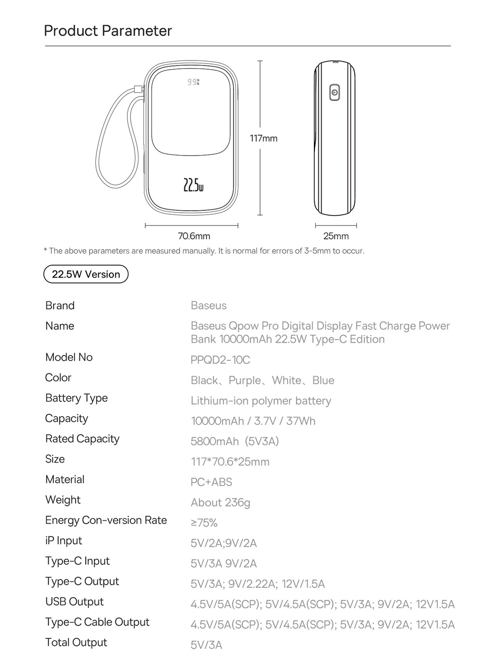 BASEUS Qpow Pro Digital Display Fast Charge Power Bank 10000mAh 22.5W ...
