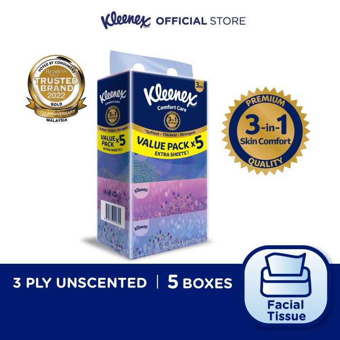 Kleenex Facial Tissue Box 3ply (90s x 5 Packs) Comfort Care - Our ...
