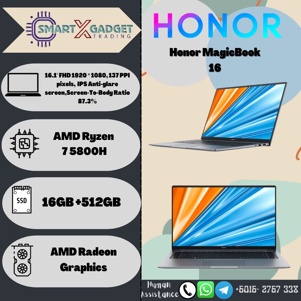HONOR MagicBook 16 (AMD Ryzen™ 7 5800H,16GB+512GB)(GLOBAL MY SET ...