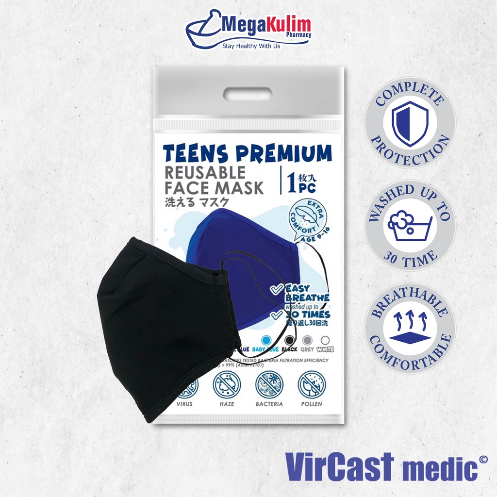 Vircast Medic Teens Premium Reusable Face Mask 1pcs (Black) | Shopee ...