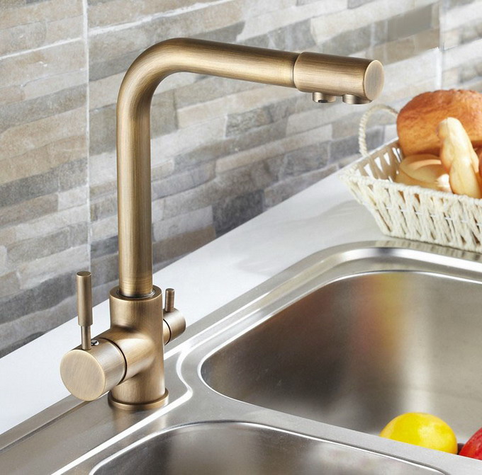 Antique Brass dual handles Kitchen mixer tap faucet pure water filter ...