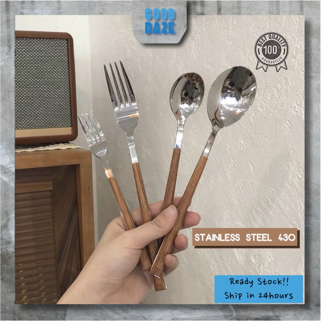 【GOOD DAZE】Wood Stainless Steel Cutleries Home Dinnerware Dessert Spoon ...