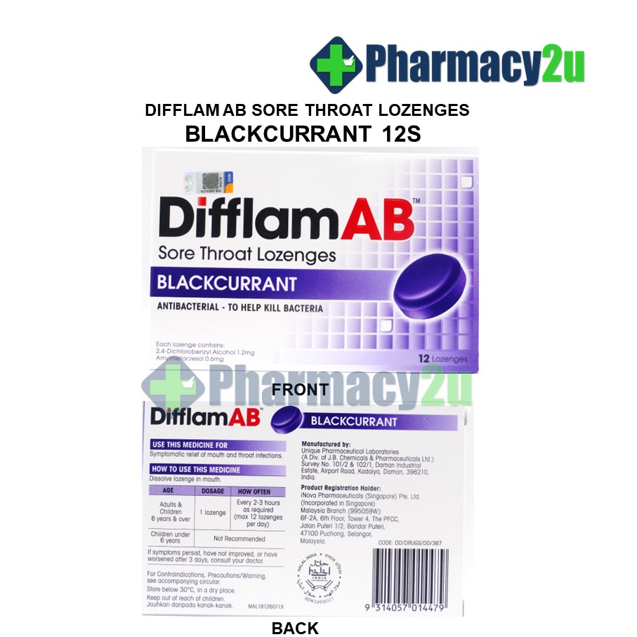 DIFFLAM AB SORE THROAT LOZENGES (BLACKCURRANT /LEMON ) (6S SACHETS/ 12S ...