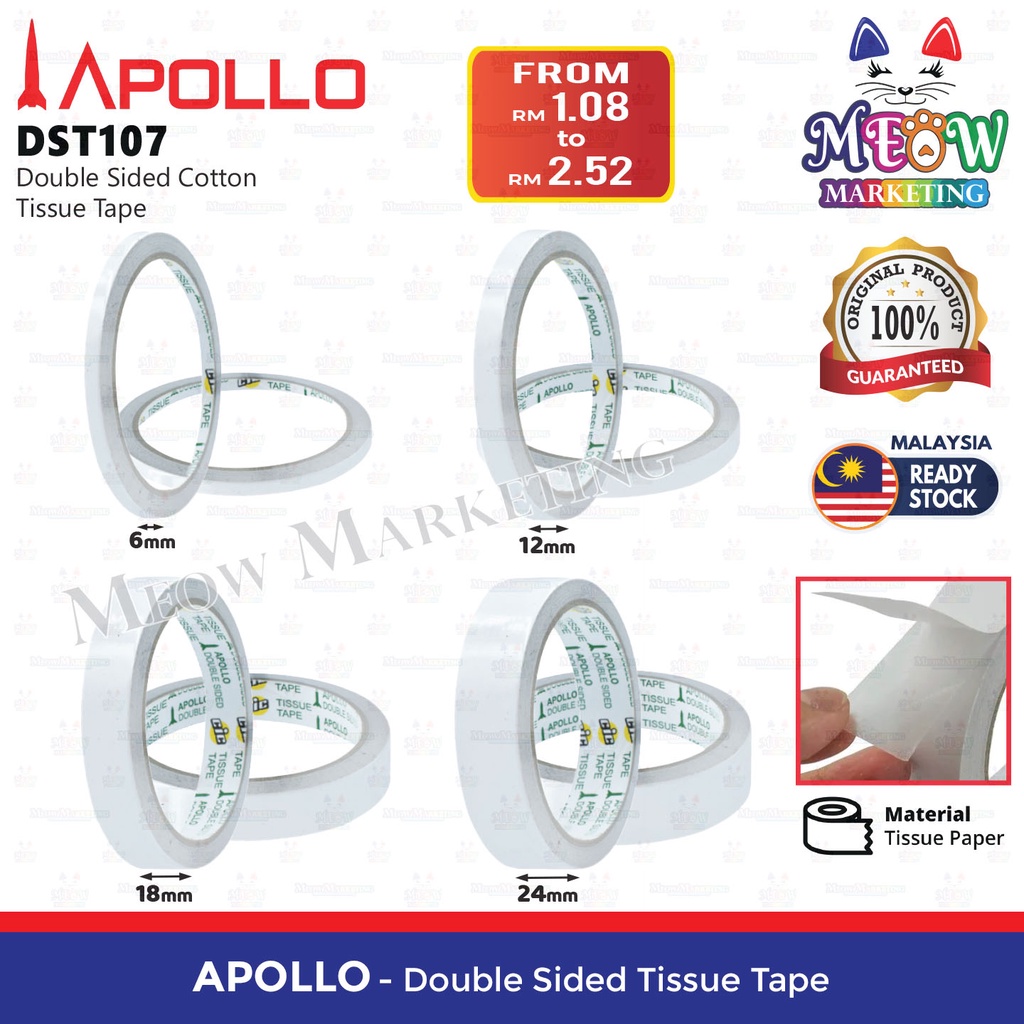 Apollo Double Sided Tissue Tape 10 yards - 6mm / 12mm / 18mm / 24mm | Shopee Malaysia