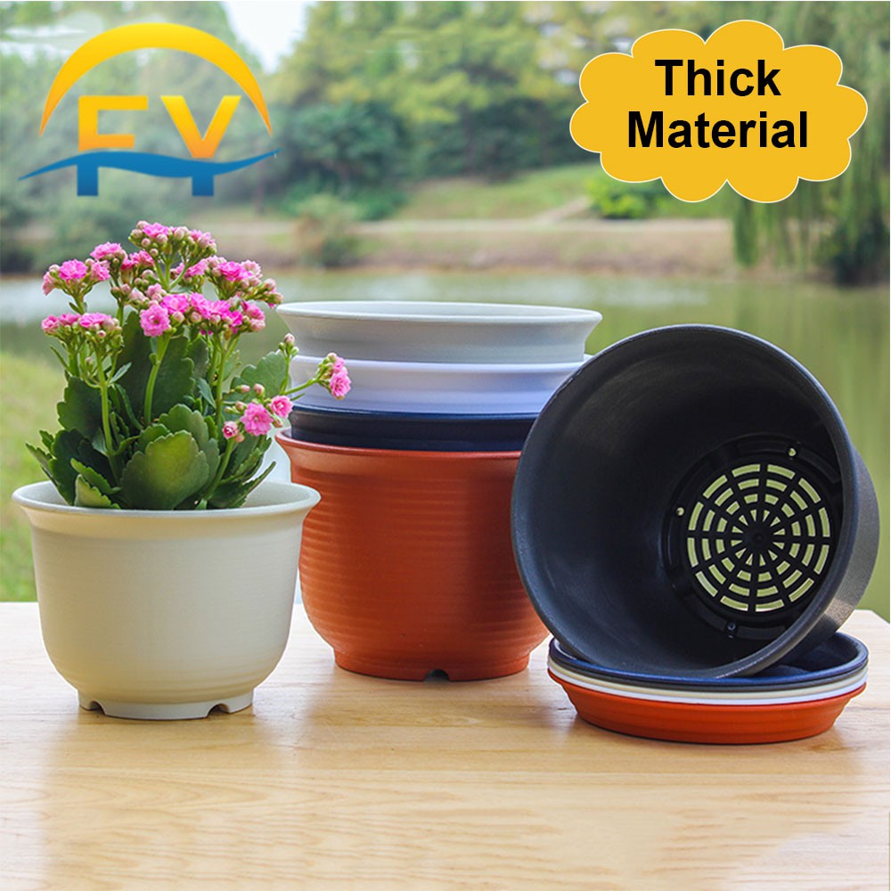 FY Plastic Flower Pot Pasu Bunga Plant Pot w Tray Nursery Garden Indoor ...