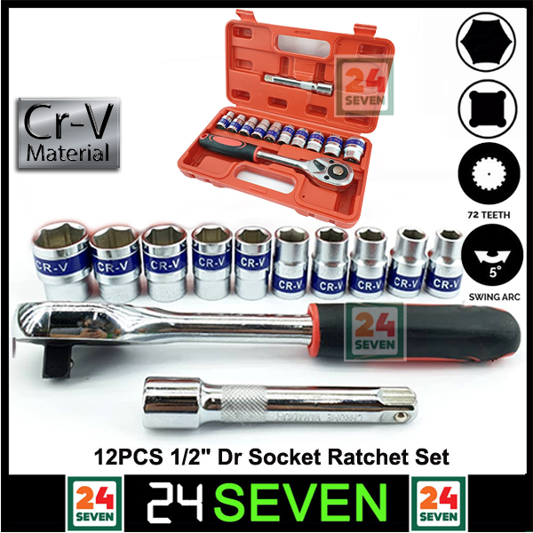 [ READY STOCK ] 1/2" 12pcs Ratchet Box Socket Set 6 point Socket ...
