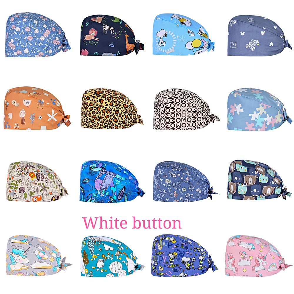 White button operating room nurse cap printed cute female pure cotton ...
