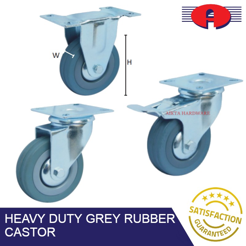 HEAVY DUTY GREY RUBBER CASTOR WHEEL RIGID SWIVEL STOPPER 2 INCH 3 INCH ...