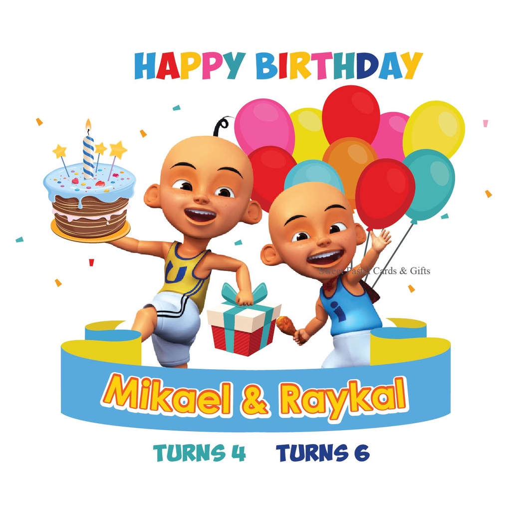 TQ STICKER BIRTHDAY DOOR GIFT CARTOON : UPIN & IPIN Size:4/5/6/7/8cm ...