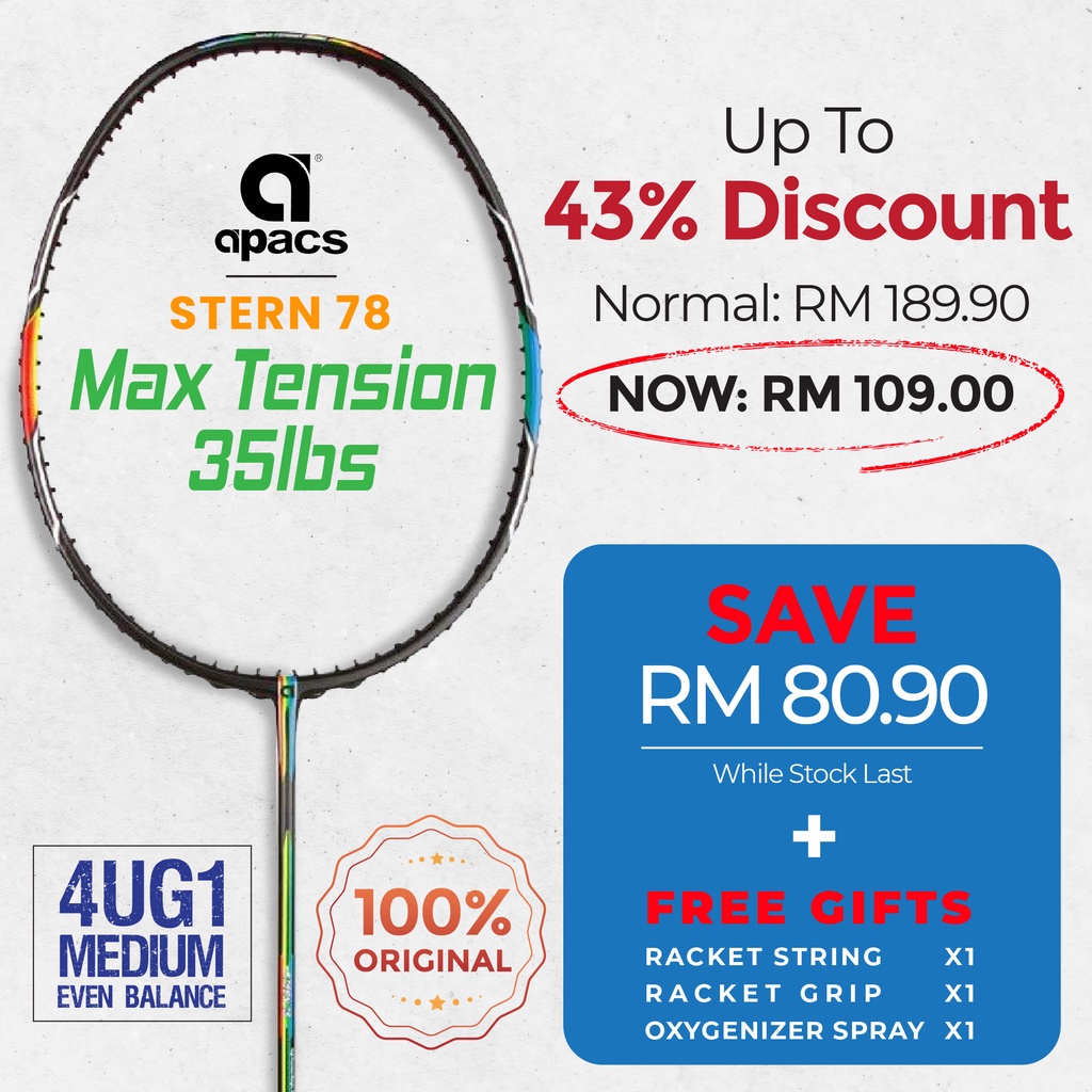 APACS Stern 78 (Black Orange) Badminton Racket 4UG2 35LBS (Free string ...