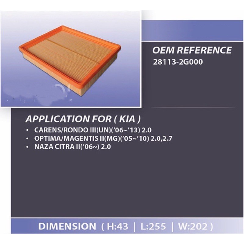 28113-2G000 Kia air filter for Rondo, Carens, Optima, Naza Citra II ...