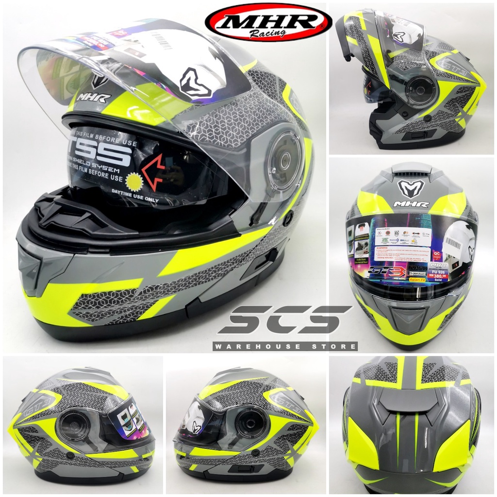 MHR Racing Full Face Helmet Flip Up Double Visor FU926 Grey Yellow R15 ...