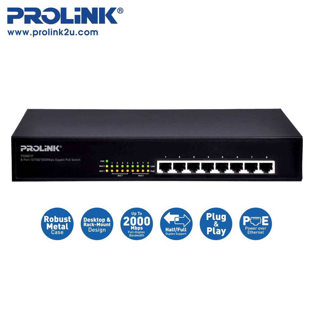 Prolink 8-Port PoE+ Switch Desktop Rack Mountable 10/100/1000Mbps ...