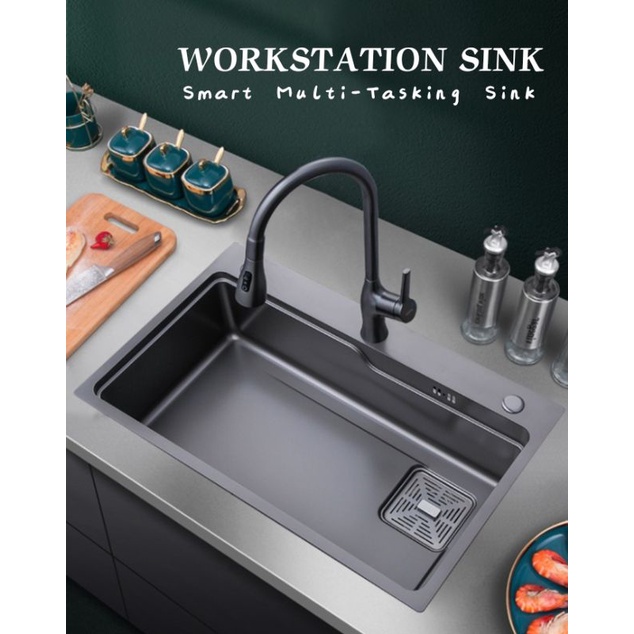 Vulcano Nano Black Workstation Stainless Steel Smart Multi-Tasking Sink ...