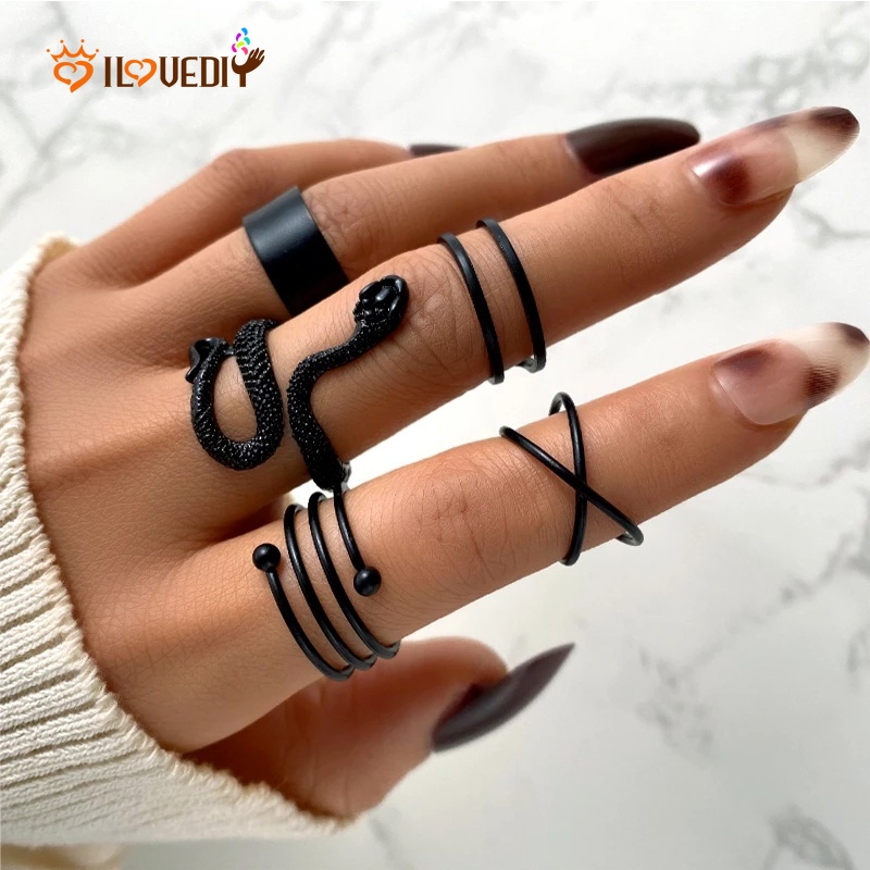 5Pcs Set Women Fashion Minimalist Punk Black Snake Adjustable Open Rings / Ladies Smooth Fine ...
