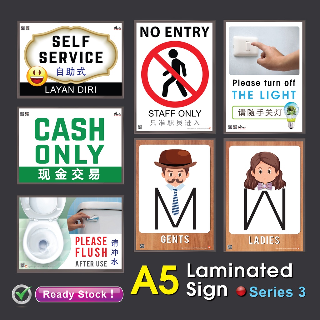 A5 Laminate Poster Sign no entry no smoking toilet tandas Signage ...