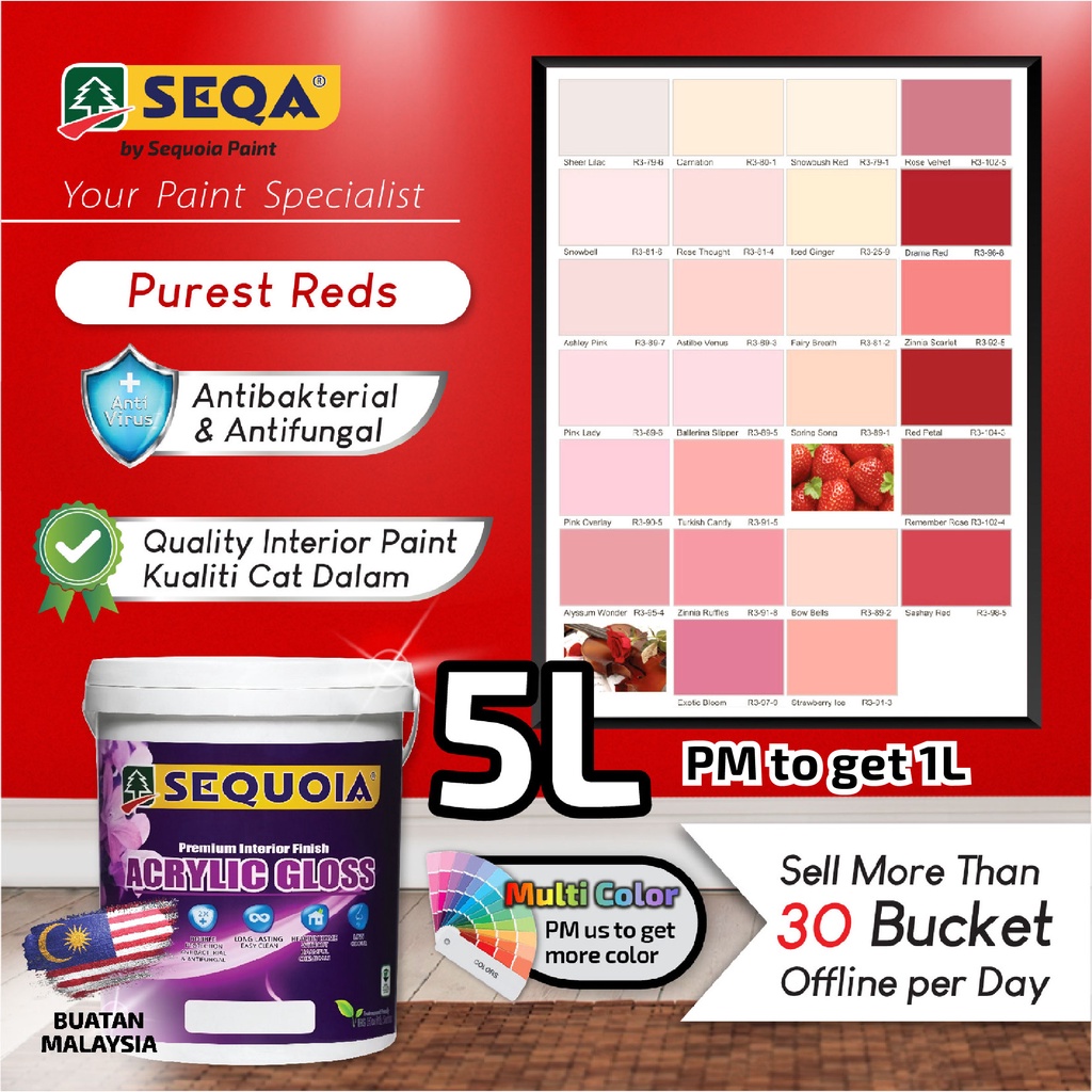 ( Red / Merah ) 5L 💥Sequoia Acrylic Interior Gloss 💢 Cat Kilat Dinding ...
