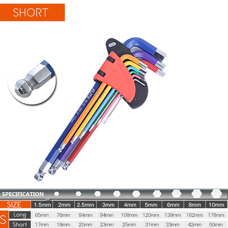 9Pcs 1.5mm-10mm Color Coded Ball-End Hex Allen Key L Wrench Set Torque ...