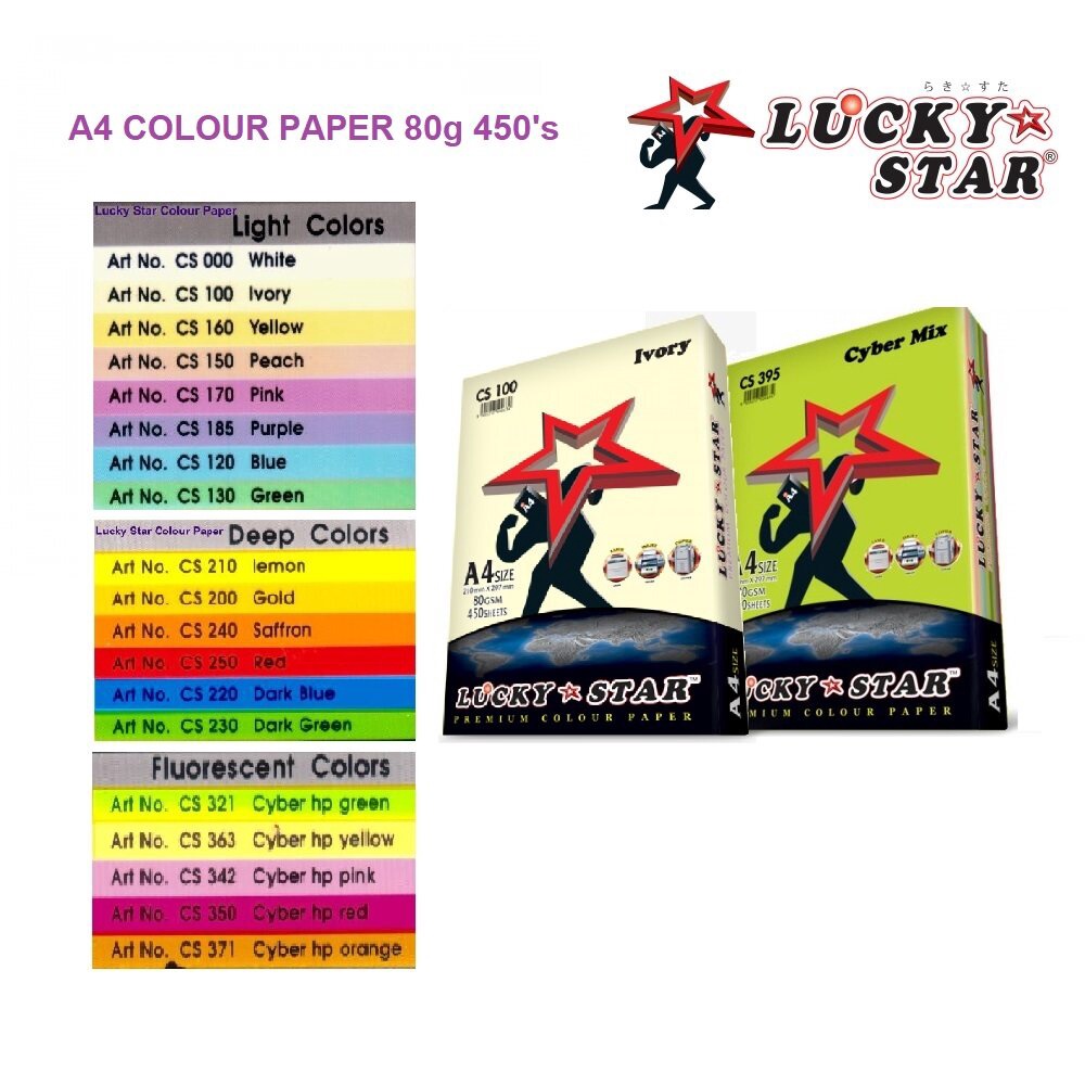IK LUCKY STAR COLOUR PAPER 200'/450's / KERTAS WARNA LUCKY STAR A4 80 GSM 200's /450's | Shopee ...