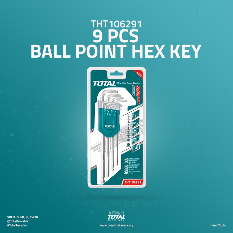 TOTAL Ball Point Hex Key Long Arm (1.5mm- 0mm/9 Pcs) THT106291 | Shopee ...