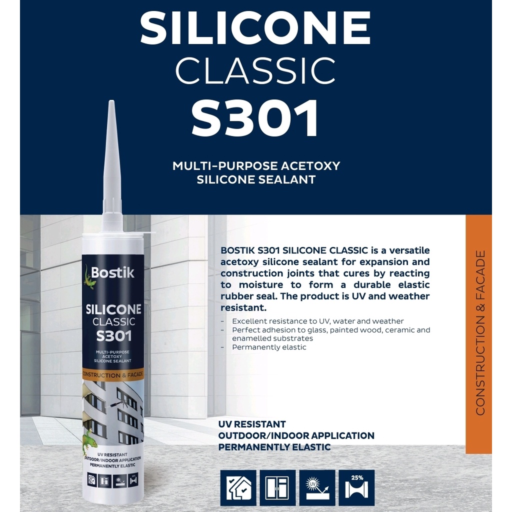 BOSTIK S301 CLASSIC MULTIPURPOSE ACETOXY SILICONE SEALANT 280ML (CLEAR ...