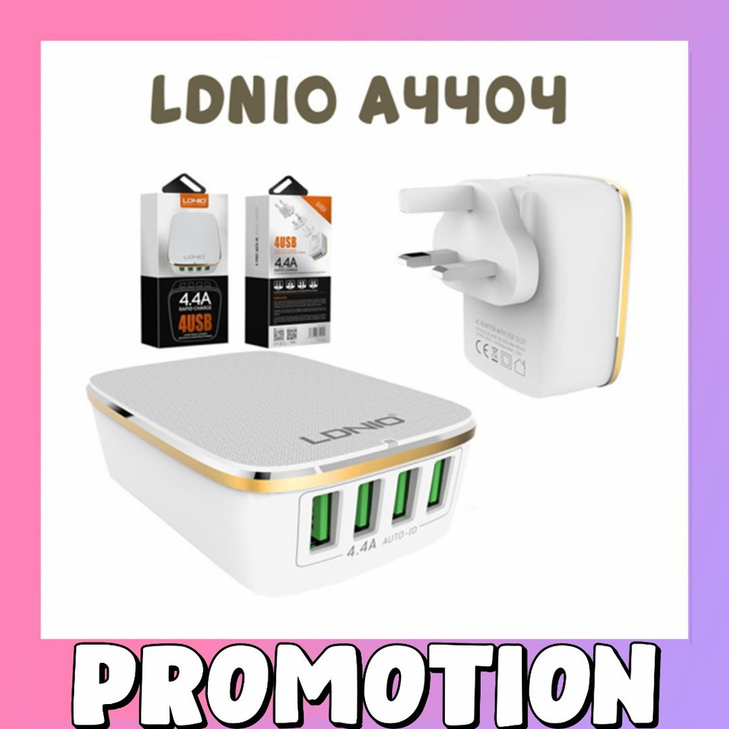 LDNIO A4404 4.4A 4 USB Output Port Auto ID USB Fast Charger & UK 3-Pin ...