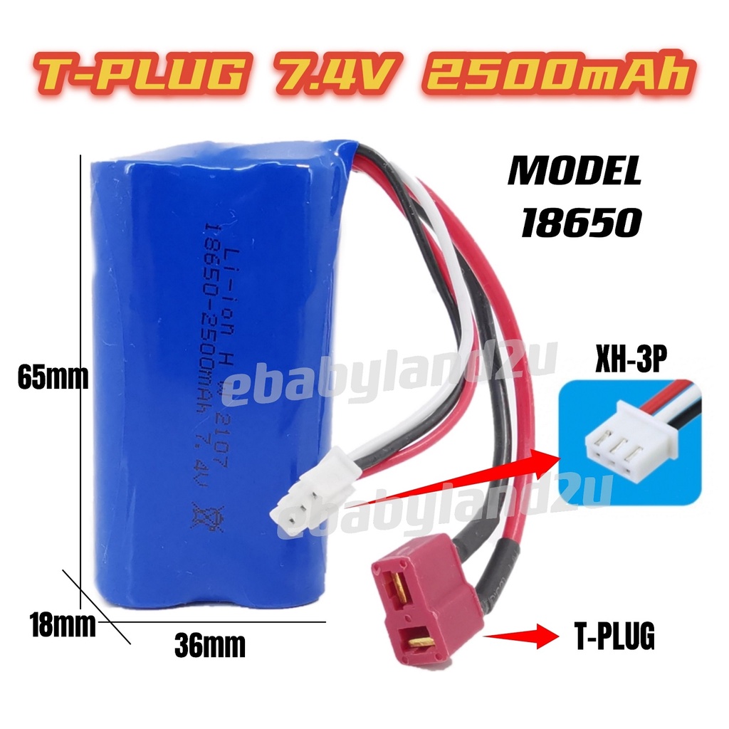 7.4V RC Rechargeable Battery Kereta Kontrol Lithium Li-ion T-Plug ...