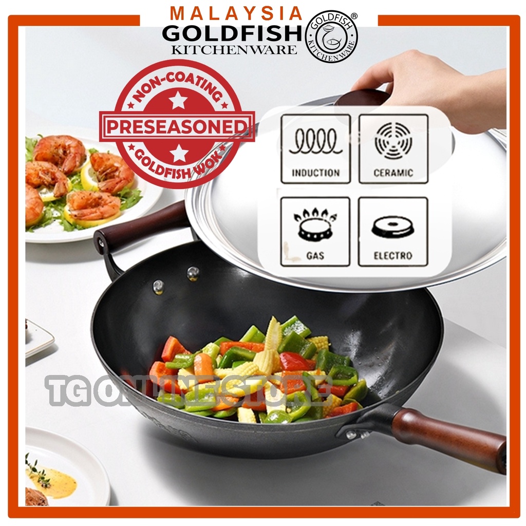 【GOLDFISH】Premium Pre-Seasoned Wok Non stick Wok Frying Grill Pan / Pre ...