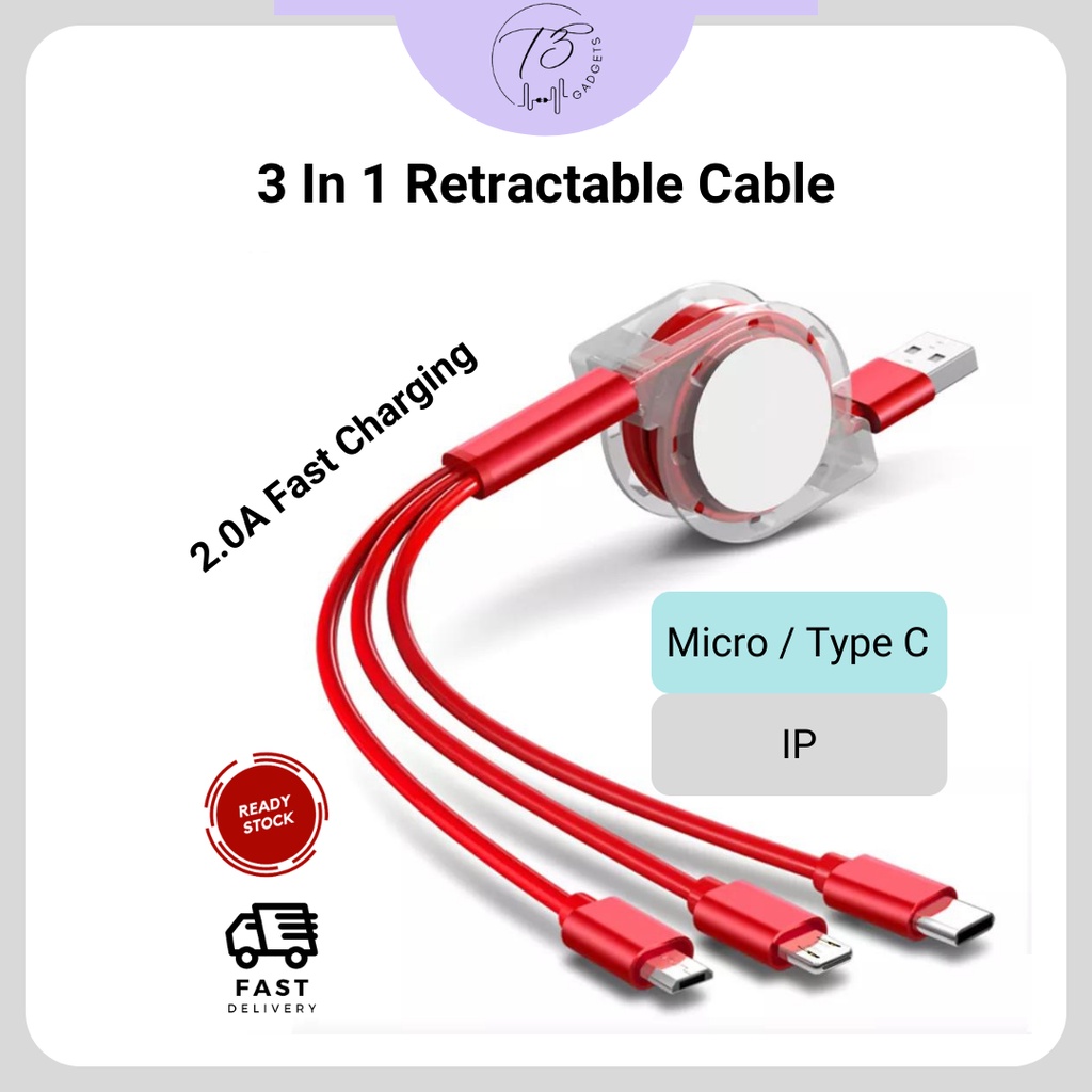[Ready Stock] 3 In 1 Retractable Charge Cable | Telescopic 3 in 1 Data ...