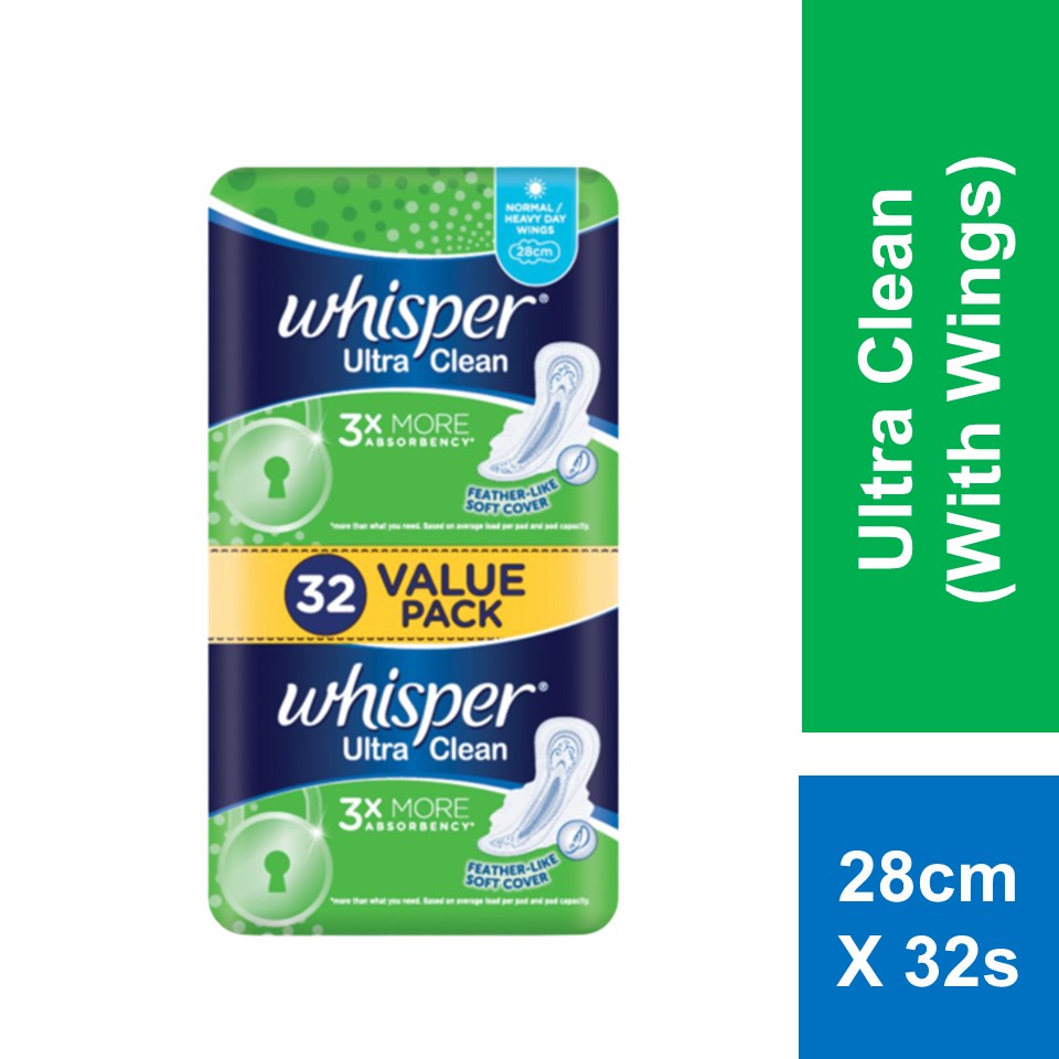 Whisper Ultra Clean - Normal/Heavy Day Sanitary Pads Wings (28cm x 32s ...