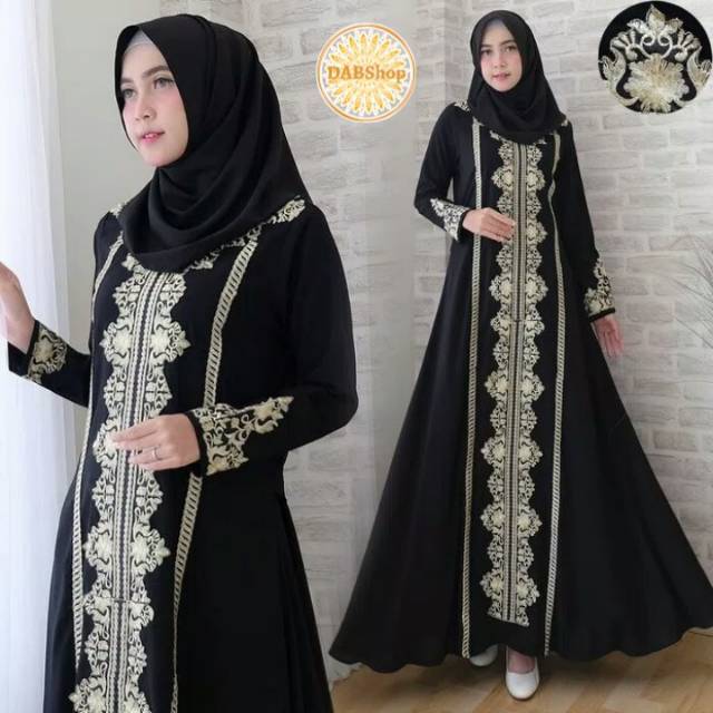 HITAM Abaya Gamis Arab Black Embroidery Tille Material Saudi Exclusive ...