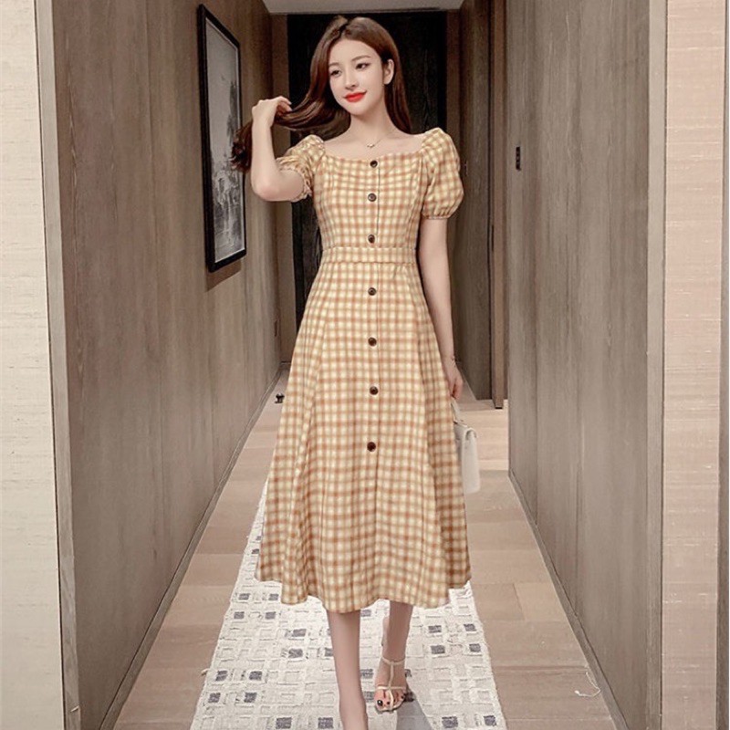 ALINA GOLDEN 2021New Retro Plaid Square Collar over the Knee Midi Dress ...