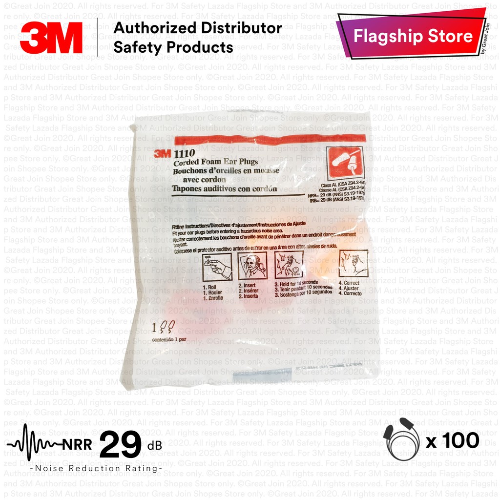3M 1110 Corded Soft Foam Earplugs NRR 29 dB/ Travel [100 Pairs/Box] EP ...