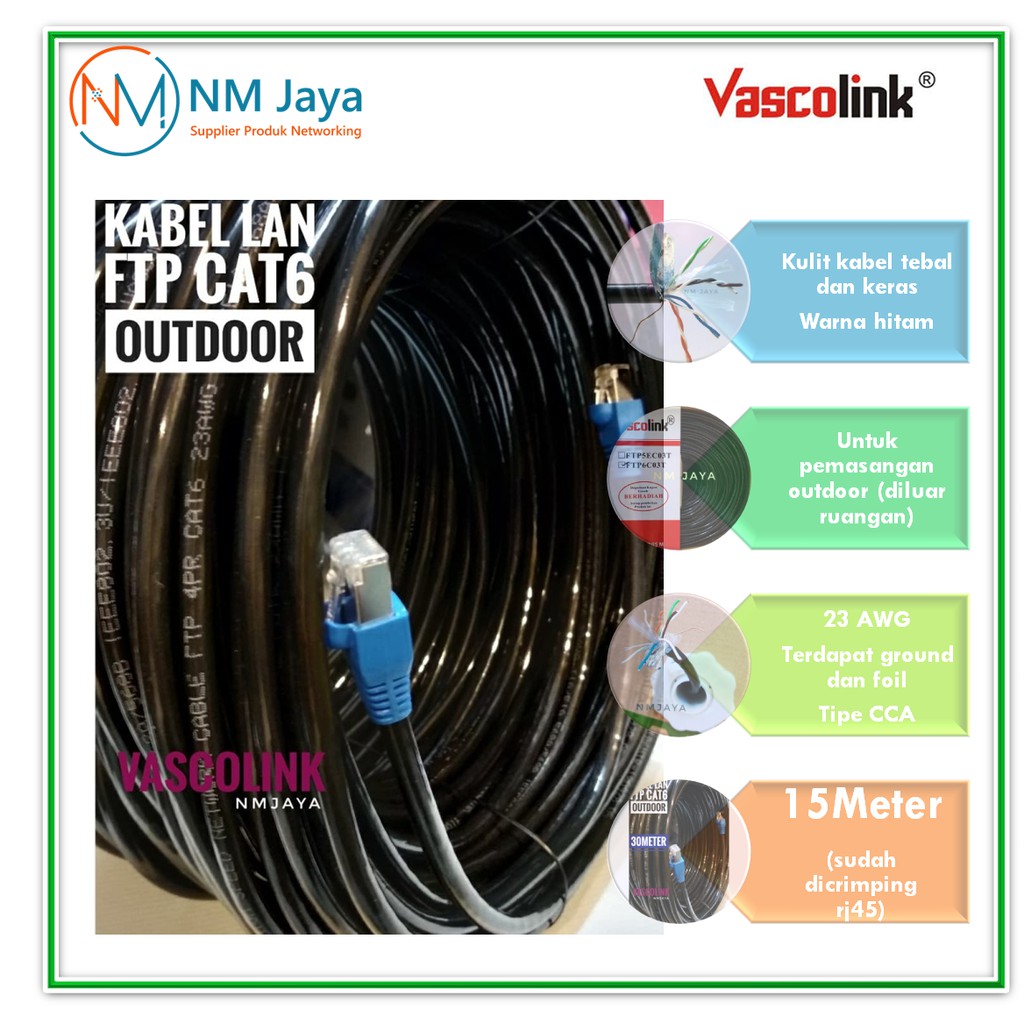 HITAM Ready-to-use 15 Meter FTP CAT6 Outdoor Lan Cable, already crimped ...