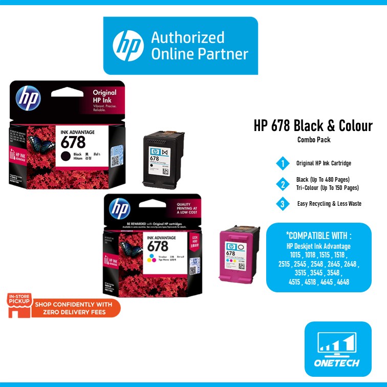 HP 678 Original Ink Advantage Cartridge - Black/Tri-Color CZ107AA ...